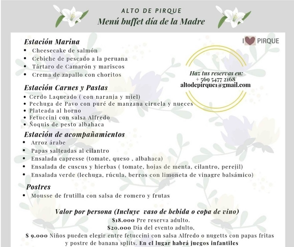 Alto de Pirque ofrece Menú Buffet para este Día de la Madre